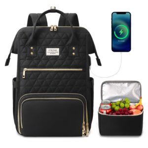 etronik lunch backpack for women, 17.3 inch laptop backpack with usb port, stylish nurse backpack teacher work bag with insulated cooler lunch box for women men/travel, black