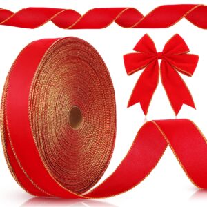 80 yard christmas wired velvet ribbon with gold edge 2 inches christmas velvet ribbon satin ribbon vintage wide wired edge wrapping ribbon for xmas wreath bows floral craft ornaments gift (red)