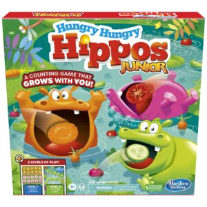 hasbro gaming hungry hungry hippos junior board game | 2-in-1 game for preschoolers and kids | ages 3 and up | 2 to 4 players | counting and numbers games