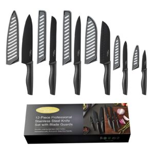 marco almond kitchen knife set, kya38 12-piece kitchen knives set with covers, 6 knives with 6 blade guards, stainless steel cooking knives set for kitchen, black