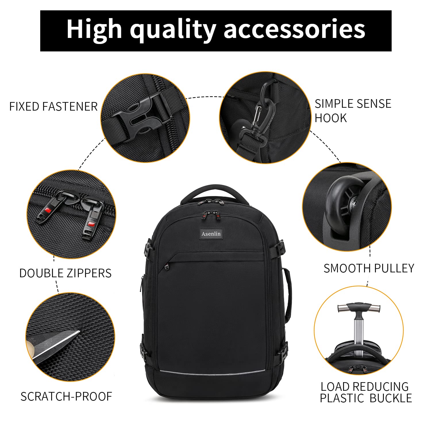 Asenlin 40L Rolling Backpack for Travel，Water Resistant Wheeled Laptop Backpack for Business，Fits 15.6-17 Inch Notebook，Durable Roller Computer Backpack for Women Men，Black