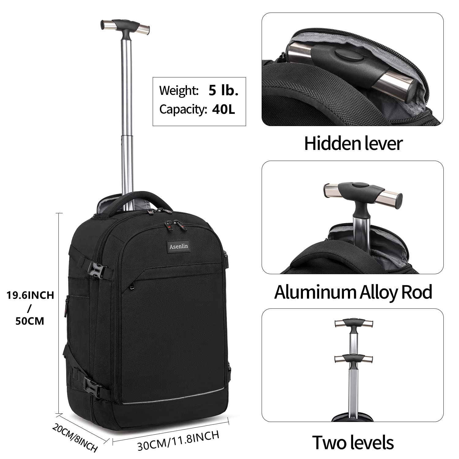 Asenlin 40L Rolling Backpack for Travel，Water Resistant Wheeled Laptop Backpack for Business，Fits 15.6-17 Inch Notebook，Durable Roller Computer Backpack for Women Men，Black