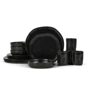 stone by mercer project hekonda modern stoneware 16-piece dinnerware set, plate and bowl set, dish set for 4, black