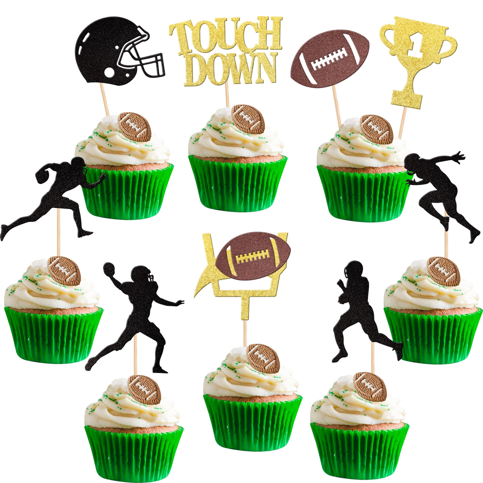 36 PCS Rugby Ball Cupcake Toppers Glitter Trophy Amecian Football Cupcake Picks Touchdown Player Cake Decorations for Super Bowl Rugby Sports Theme Baby Shower Kids Birthday Party