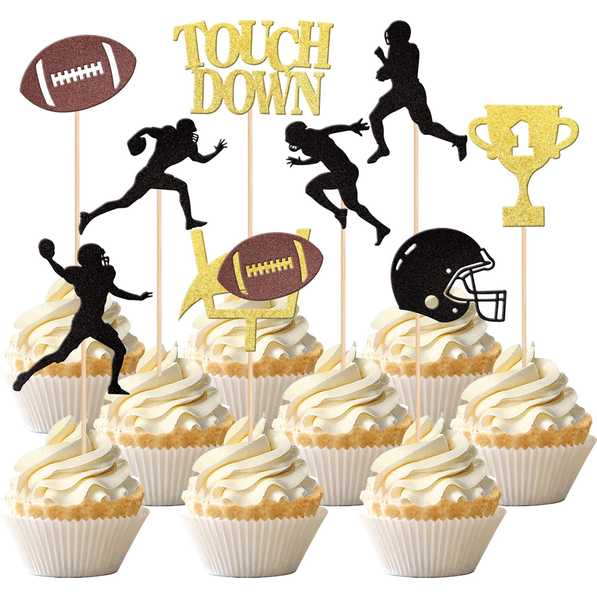 36 PCS Rugby Ball Cupcake Toppers Glitter Trophy Amecian Football Cupcake Picks Touchdown Player Cake Decorations for Super Bowl Rugby Sports Theme Baby Shower Kids Birthday Party