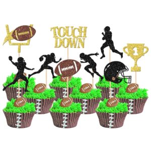 36 PCS Rugby Ball Cupcake Toppers Glitter Trophy Amecian Football Cupcake Picks Touchdown Player Cake Decorations for Super Bowl Rugby Sports Theme Baby Shower Kids Birthday Party