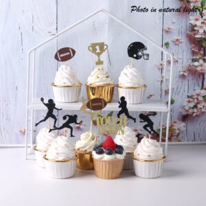 36 PCS Rugby Ball Cupcake Toppers Glitter Trophy Amecian Football Cupcake Picks Touchdown Player Cake Decorations for Super Bowl Rugby Sports Theme Baby Shower Kids Birthday Party