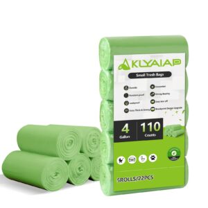 110 counts aklyaiap small trash bags biodegradable, extra thick & strong 4 gallon trash bag green, unscented small garbage bags, easy tearing waste basket liners for kitchen, bathroom, bedroom, office