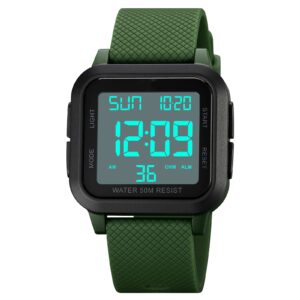 forrader mens sport digital watches, waterproof outdoor sport watch with led backlight/alarm/countdown timer/dual time/stopwatch/12/24h wrist watches for men women teenager, white/green, strap