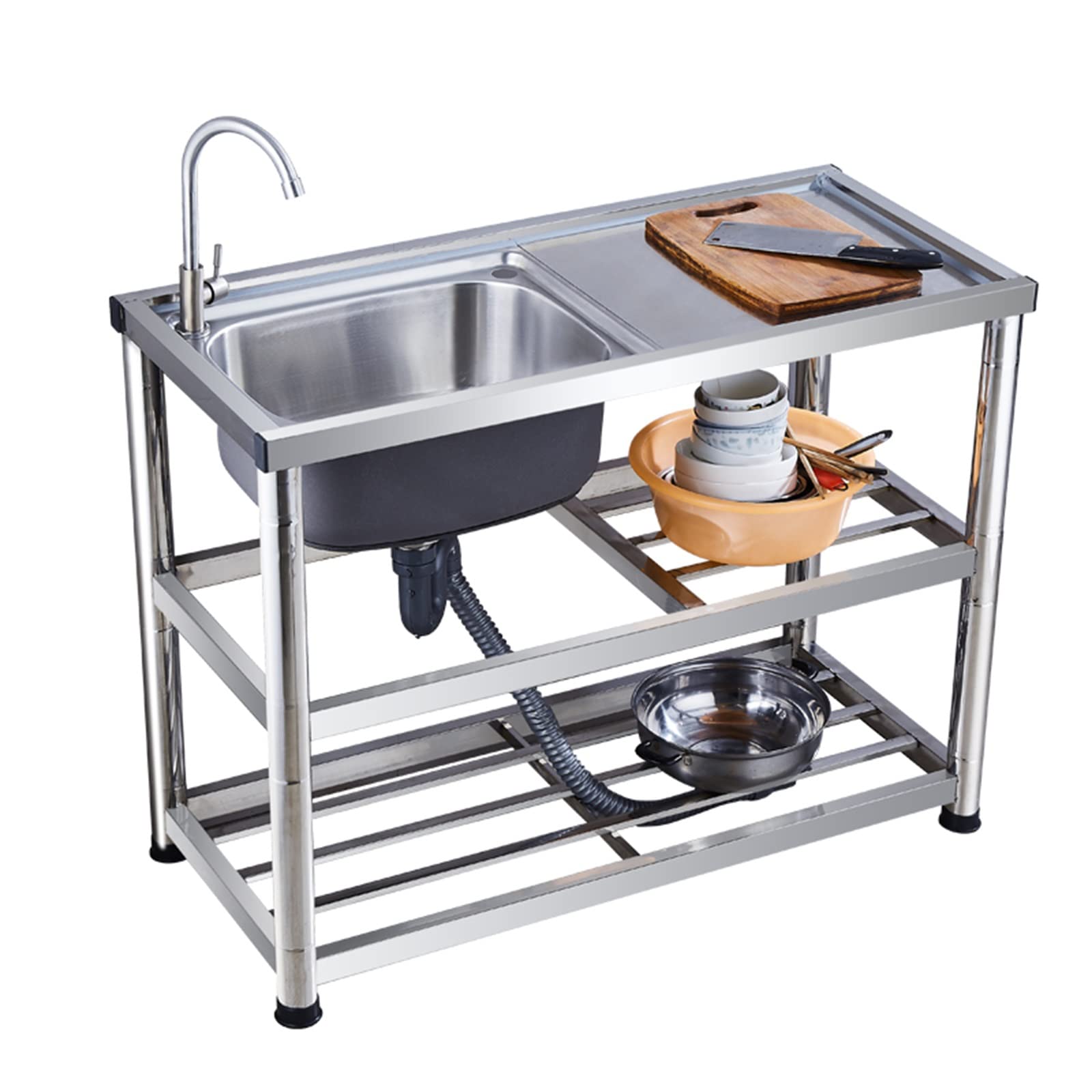 Single Bowl Kitchen Sinks,Outdoor Free Standing Sink, Commercial Restaurant Kitchen Bar Sink, With Cutting Board, Utility prep station Sink, Laundry Tub, Free Standing Stainless-Steel ( Color : A )