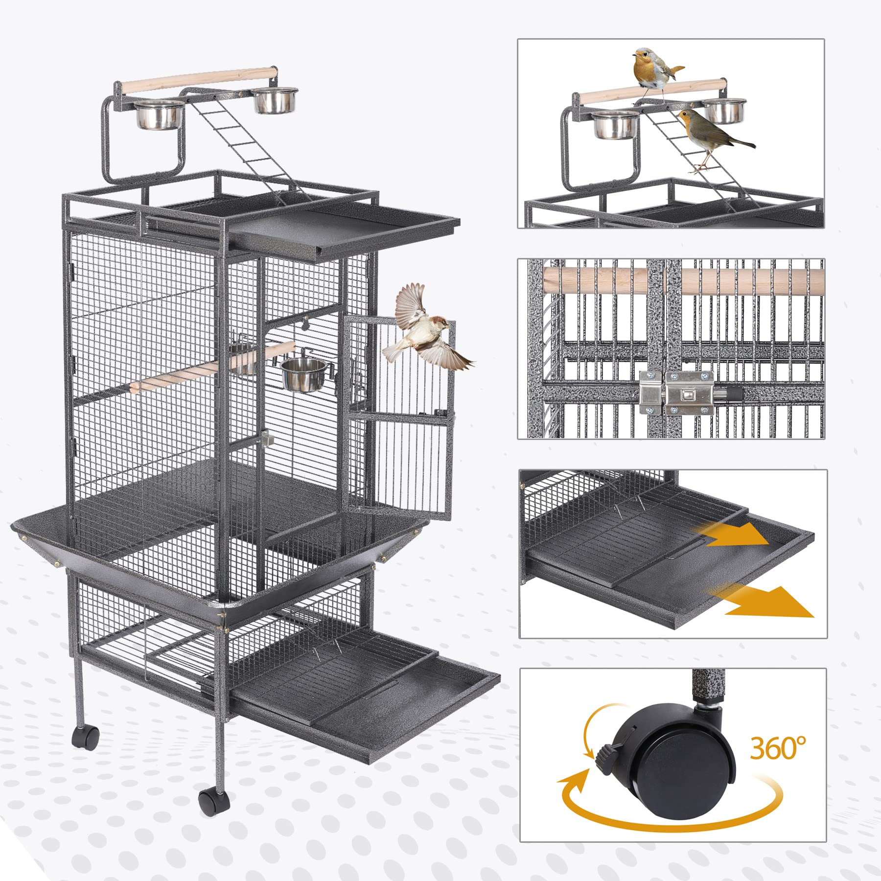 HSM 63 Inch Wrought Iron Large Bird Flight Cage with Rolling Stand for African Grey Parrot Cockatiel Sun Parakeet Conure Lovebird Canary…