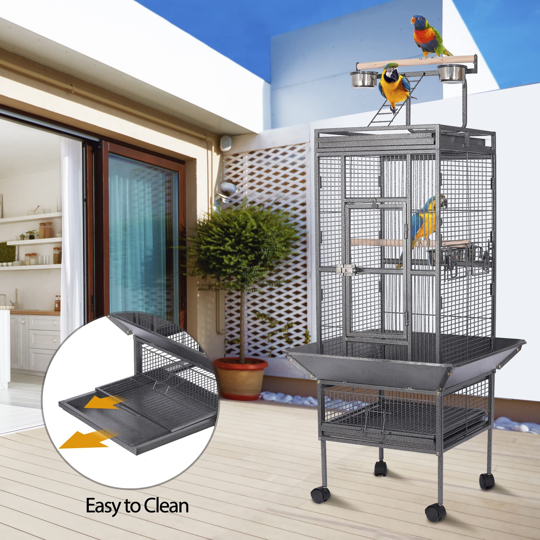 HSM 63 Inch Wrought Iron Large Bird Flight Cage with Rolling Stand for African Grey Parrot Cockatiel Sun Parakeet Conure Lovebird Canary…