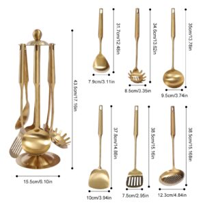 Gold Kitchen Utensils Set - 7 PC 304 Stainless Steel Cooking Tools - Slotted Spoon, Work Spatula, Soup Ladle, Large Rice Spoon, Slotted Spatula, Spaghetti Server, Utensil Holder