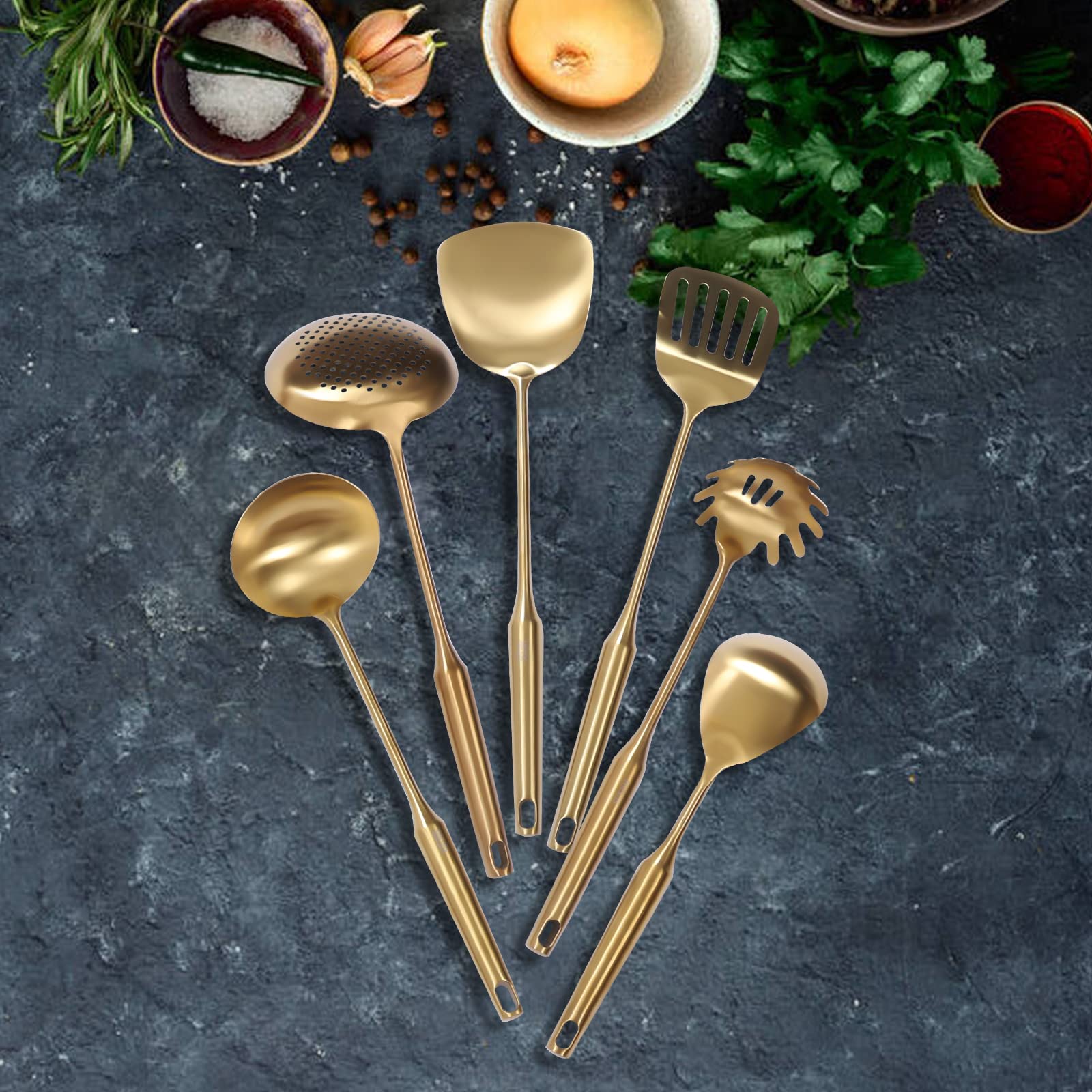 Gold Kitchen Utensils Set - 7 PC 304 Stainless Steel Cooking Tools - Slotted Spoon, Work Spatula, Soup Ladle, Large Rice Spoon, Slotted Spatula, Spaghetti Server, Utensil Holder