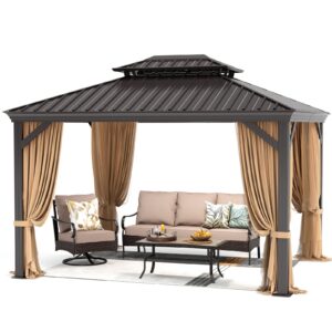 sophia & william10' x 12' hardtop gazebo with galvanized aluminum vented top and frame, double roof outdoor canopy tent shelter with mosquito netting and curtains for patio yard