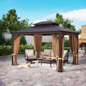 Sophia & William10' x 12' Hardtop Gazebo with Galvanized Aluminum Vented Top and Frame, Double Roof Outdoor Canopy Tent Shelter with Mosquito Netting and Curtains for Patio Yard