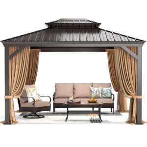 Sophia & William10' x 12' Hardtop Gazebo with Galvanized Aluminum Vented Top and Frame, Double Roof Outdoor Canopy Tent Shelter with Mosquito Netting and Curtains for Patio Yard