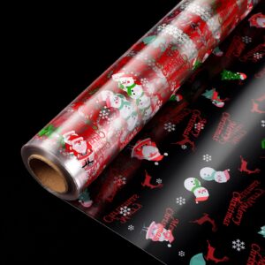 stobok christmas cellophane wrap roll: unfolded width 32 x 100ft santa claus pattern clear paper wrapper transparent gift wrapping packing paper for flower basket xmas, 3 mil thicken