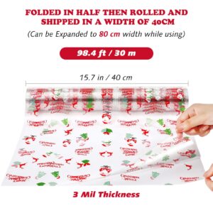 STOBOK Christmas Cellophane Wrap Roll: Unfolded Width 32 X 100FT Santa Claus Pattern Clear Paper Wrapper Transparent Gift Wrapping Packing Paper for Flower Basket Xmas, 3 Mil Thicken