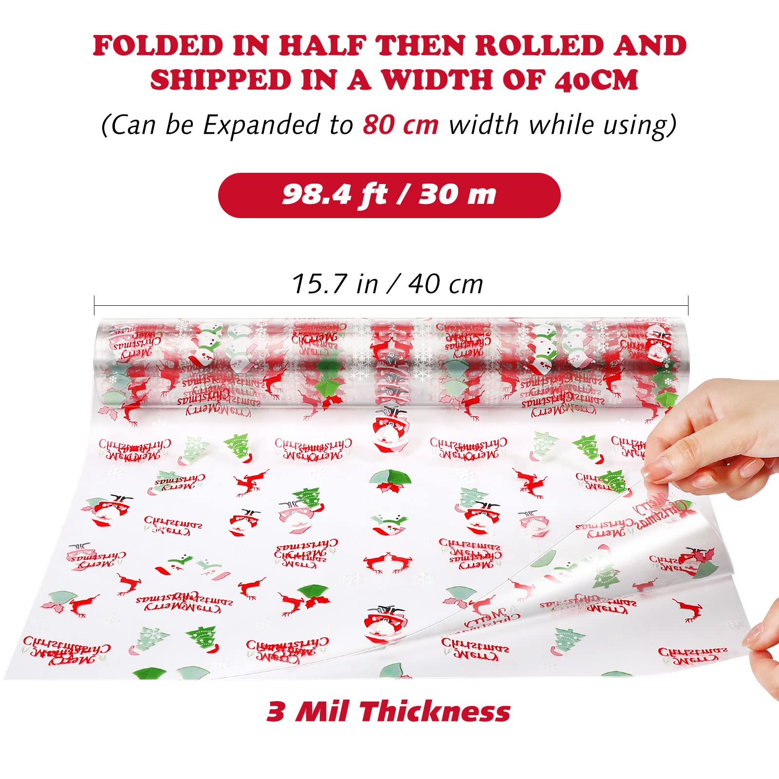 STOBOK Christmas Cellophane Wrap Roll: Unfolded Width 32 X 100FT Santa Claus Pattern Clear Paper Wrapper Transparent Gift Wrapping Packing Paper for Flower Basket Xmas, 3 Mil Thicken