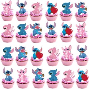 48 pcs pink stitch party cupcake toppers, pink girl stitch birthday party decorations