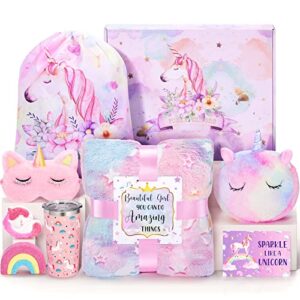 tiblue unicorn toys for girls age 4-6, preschool kindergarten back to school gift unicorn birthday gifts for 4 5 6 7 8 9 10 11 12 year old toddler teen girl with glow in the dark blanket cup bag purse