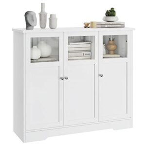 fotosok display floor cabinets with 3 glass doors for storage, 15.75" d x 43" w x 37.5" h, sideboard buffet / coffee bar cabinet for kitchen, dining room, living room white