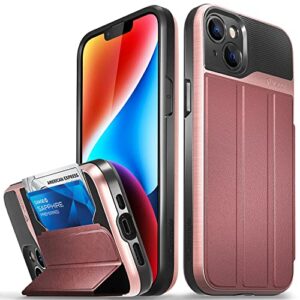 vena vcommute wallet case for apple iphone 15 plus / 14 plus (6.7"), (military grade drop protection) flip leather cover card slot holder with kickstand - rose gold/red/black