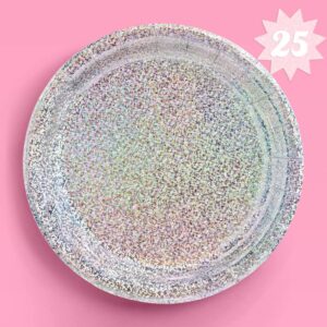 xo, fetti holographic foil plates - 25 pack | happy birthday party decorations, holiday party, cool cake plates, silver bachelorette disposable party plates