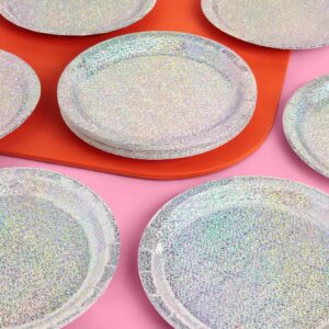 xo, Fetti Holographic Foil Plates - 25 pack | Happy Birthday Party Decorations, Holiday Party, Cool Cake Plates, Silver Bachelorette Disposable Party Plates