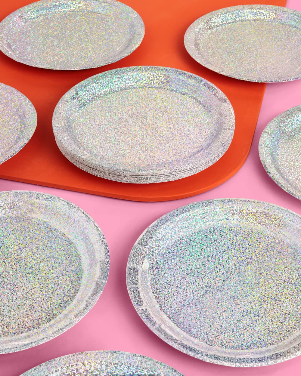 xo, Fetti Holographic Foil Plates - 25 pack | Happy Birthday Party Decorations, Holiday Party, Cool Cake Plates, Silver Bachelorette Disposable Party Plates