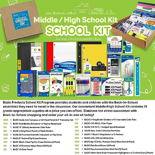 BAZIC Middle High School Kit Supply Box 65 Count for Student 7-12 Grades, Composition Book Compass, COLOR MAY VARY, 1-Pack