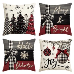 avoin colorlife merry christmas joy xmas trees red throw pillow covers, 18 x 18 inch christmas winter holiday cushion case decoration for sofa couch set of 4