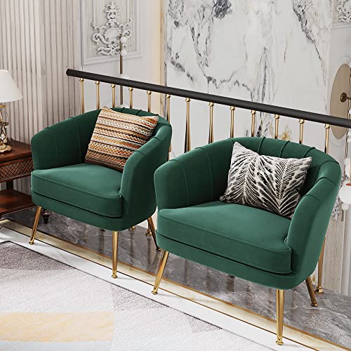 Andeworld Velvet Accent Chair, Upholstered Modern Single Sofa Side Chair,Comfy Barrel Club Living Room Armchair with Golden Metal Legs for Bedroom Living Reading Room Office, Green