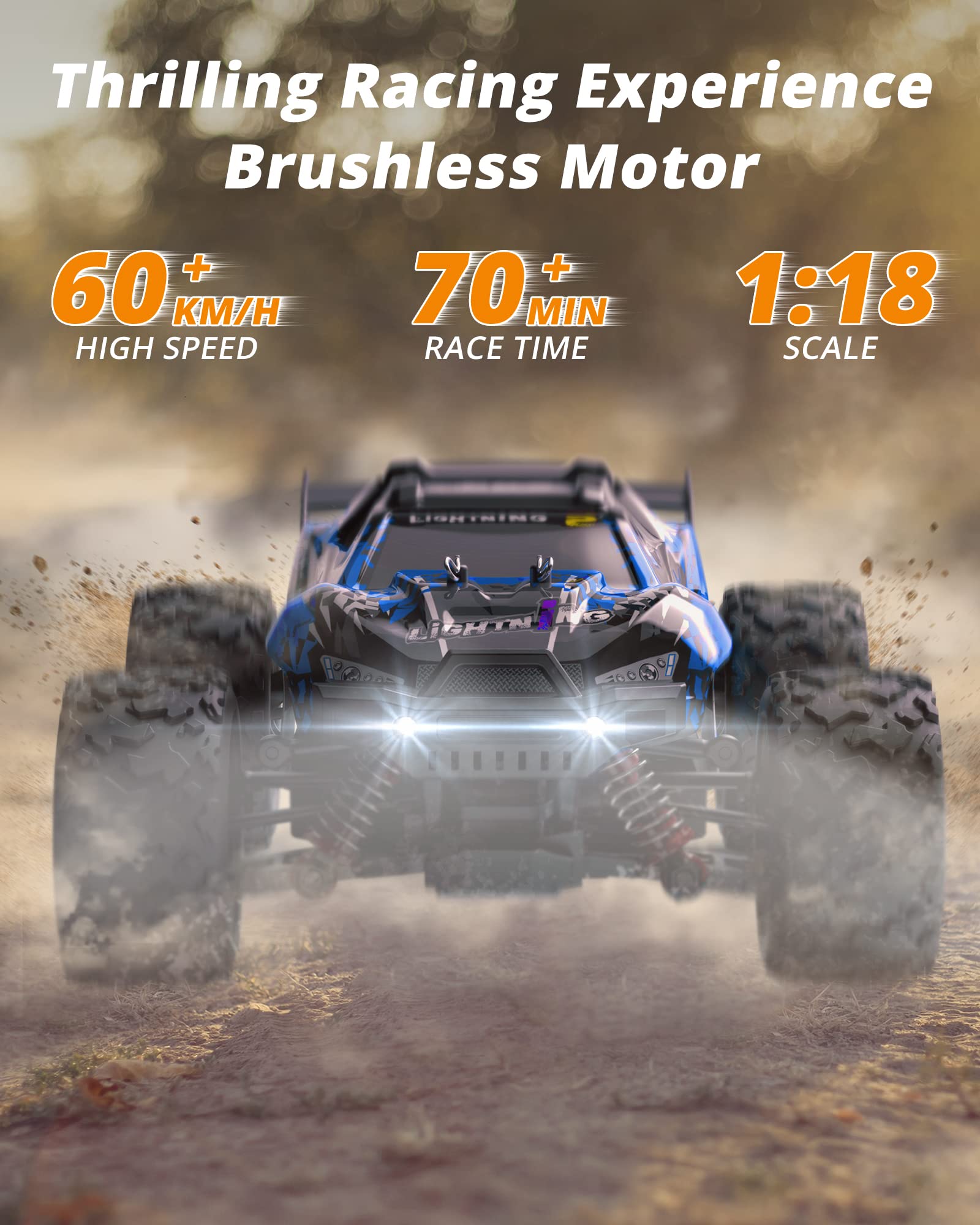 KIDOMO 1:18 Scale Brushless RC Car - 60KM/H All Terrain High-Speed & Off-Road Remote Control Car with 2 Rechargeable Batteries Hobby Monster Car 4WD RC Truck Gifts for Kids and Adults, Red (T1)