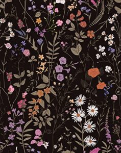 wallpaper self-adhesive blooming vintage colourful flowers wall paper for bedroom living room cabinet, peel and stick beige sketch little flowers wallpaper mural 7.1 sq. feet (17.3''''x59.1'', black)