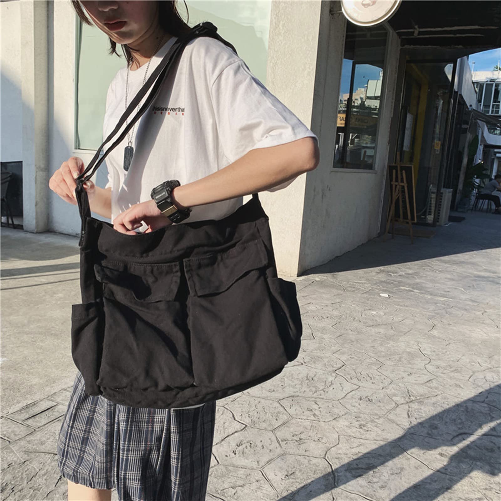 Canvas Messenger Bag Large Hobo Tote Crossbody Bag Retro Shoulder Bag for Women Mens Teens Girls with Multiple Pockets