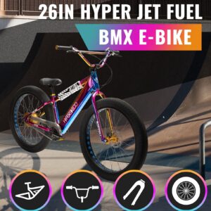 Hyper E-Ride BMX Fat Tire Electric Bike. 250w, 36v Battery, 26 X Inch Fat Tire Ebike with Pedal Assist, Single Speed, Front and Rear Disc Brakes, BMX Frame. Electric Bicycle for Adults. (Jet Fuel)