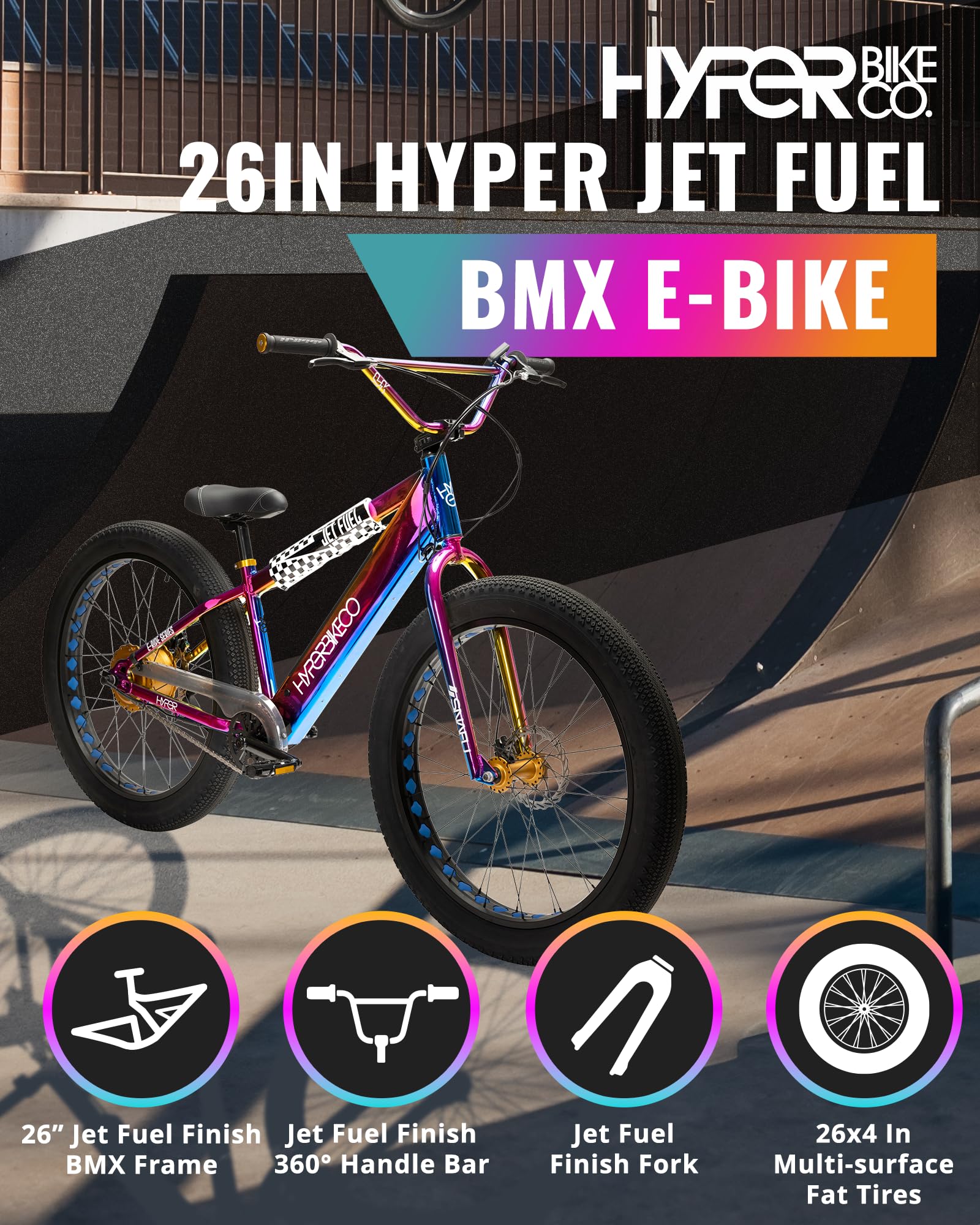 Hyper E-Ride BMX Fat Tire Electric Bike. 250w, 36v Battery, 26 X Inch Fat Tire Ebike with Pedal Assist, Single Speed, Front and Rear Disc Brakes, BMX Frame. Electric Bicycle for Adults. (Jet Fuel)