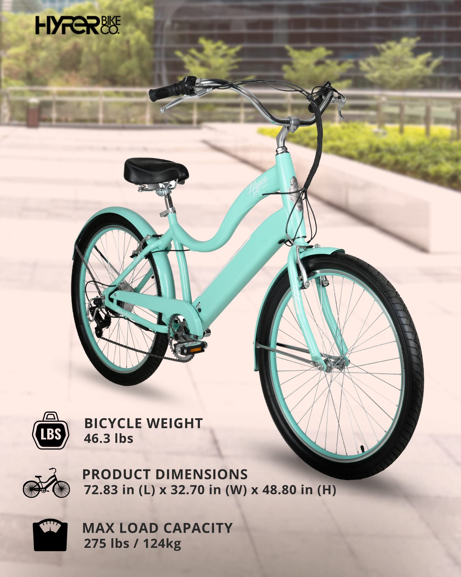 Hyper Bicycles E-Ride 26" Ladies 36V Electric Cruiser E-Bike with Pedal-Assist, 250W Motor, Turquoise