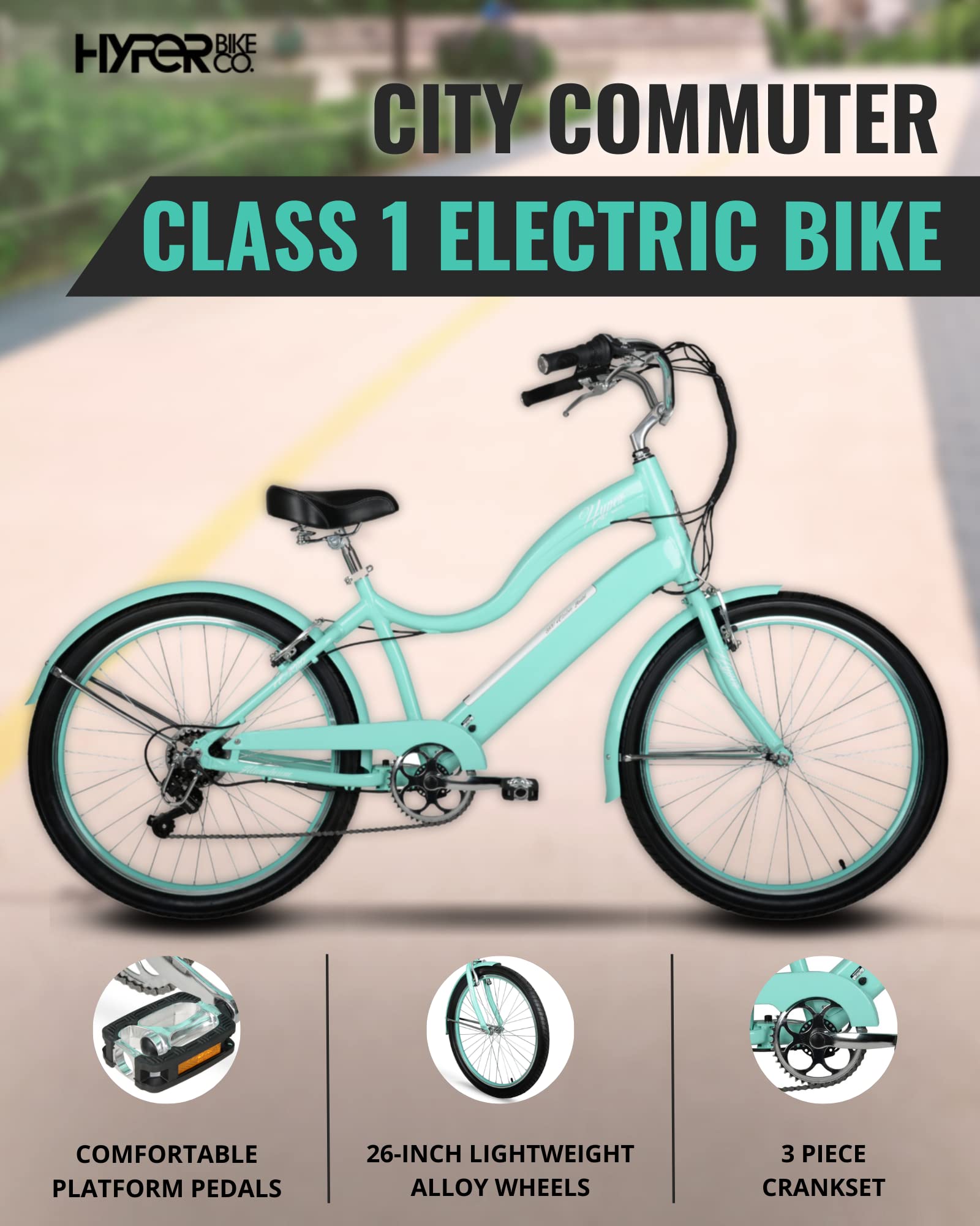 Hyper Bicycles E-Ride 26" Ladies 36V Electric Cruiser E-Bike with Pedal-Assist, 250W Motor, Turquoise