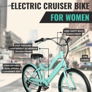 Hyper Bicycles E-Ride 26" Ladies 36V Electric Cruiser E-Bike with Pedal-Assist, 250W Motor, Turquoise