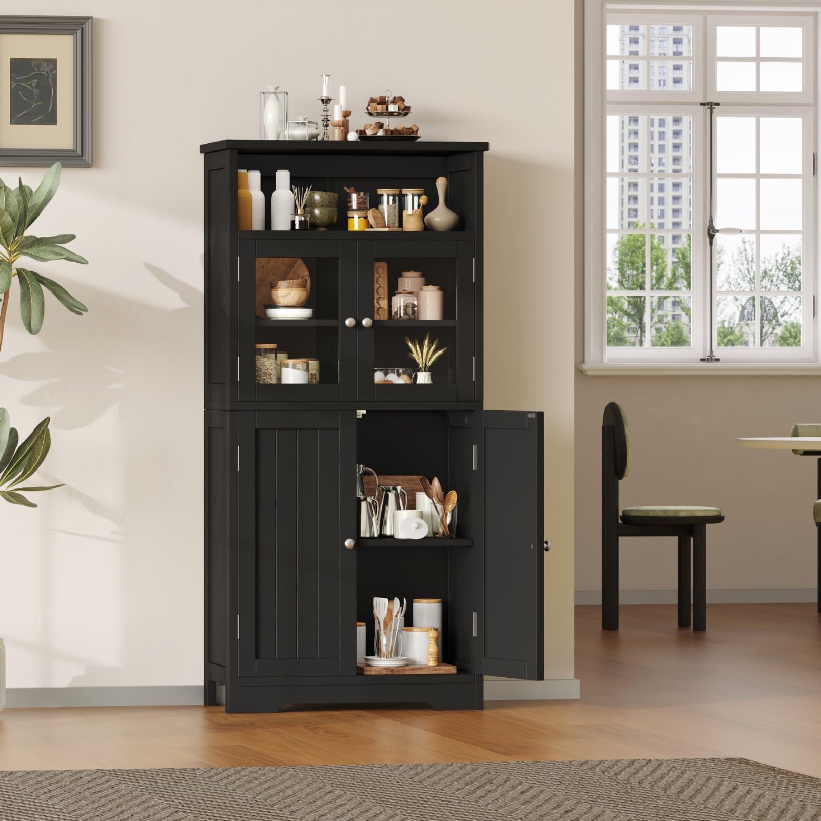 Irontar 50.4''H Bathroom Storage Cabinet, Bathroom Cabinet with Open Storage, Kitchen Pantry Cabinet with Doors for Living Room, Bathroom Floor Cabinet, Black CWG007B