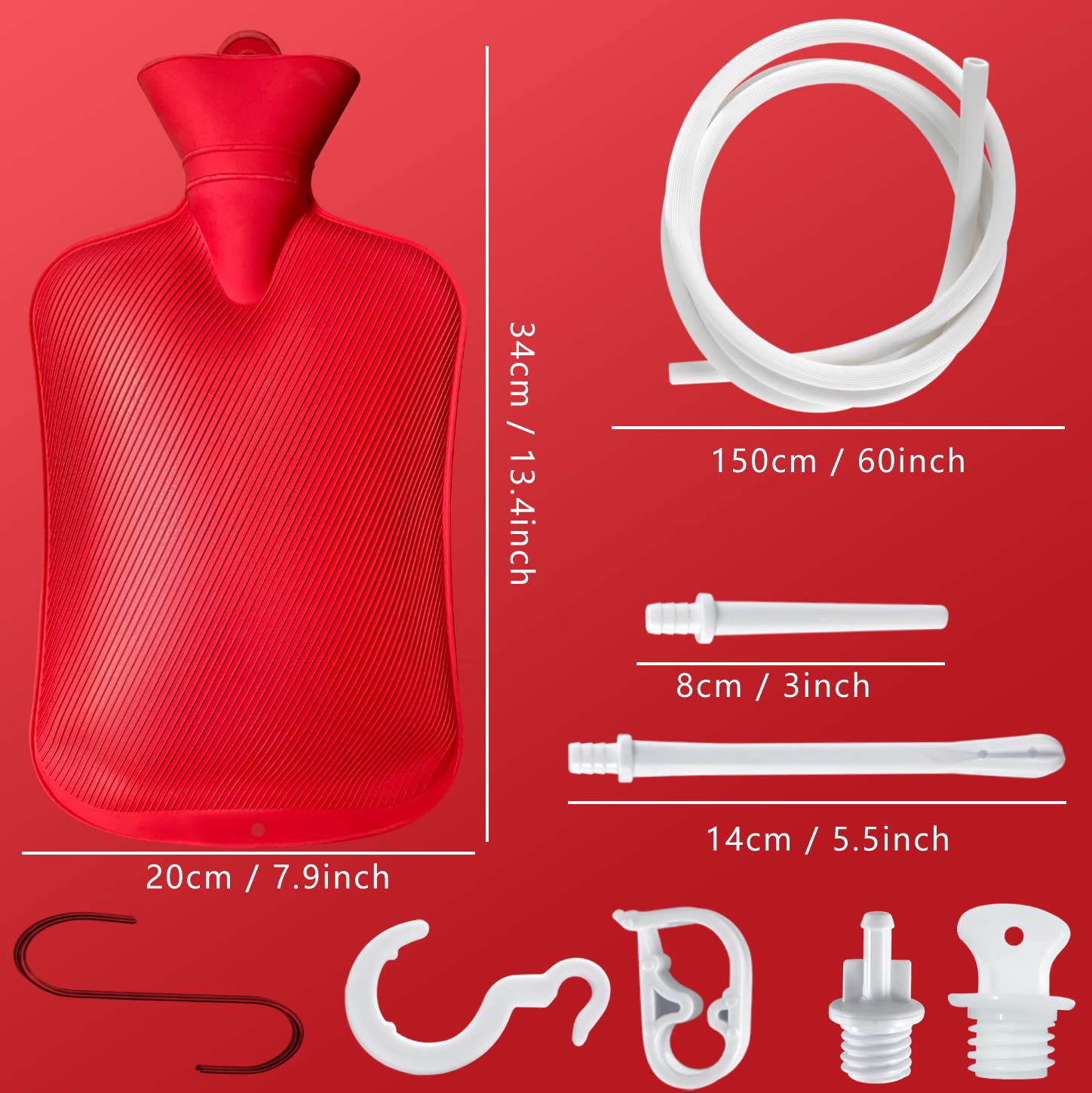 Enema Bag 2L Home Enema Kit with 2 Enema Tips,60 inch Long Silicone Hose, Controlable Water Flow Valve, Hot-Water Bottle for Colon Cleansing Enemas for Women/Men（Red）