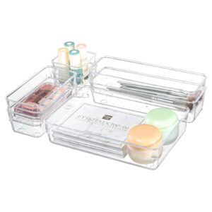 7 pcs plastic clear drawer organizer set, 4 sizes desk office drawer organizing trays and divider,storage bins for makeup,snack,jewelry,kitchen,bedroom, bathroom vanity accessories containers