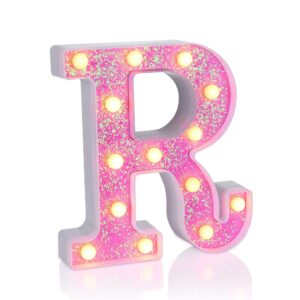 foaky led letter lights sign light up pink letters glitter alphabet letter sign for night light wedding/birthday party battery powered christmas lamp girls gifts home bar decoration（r）