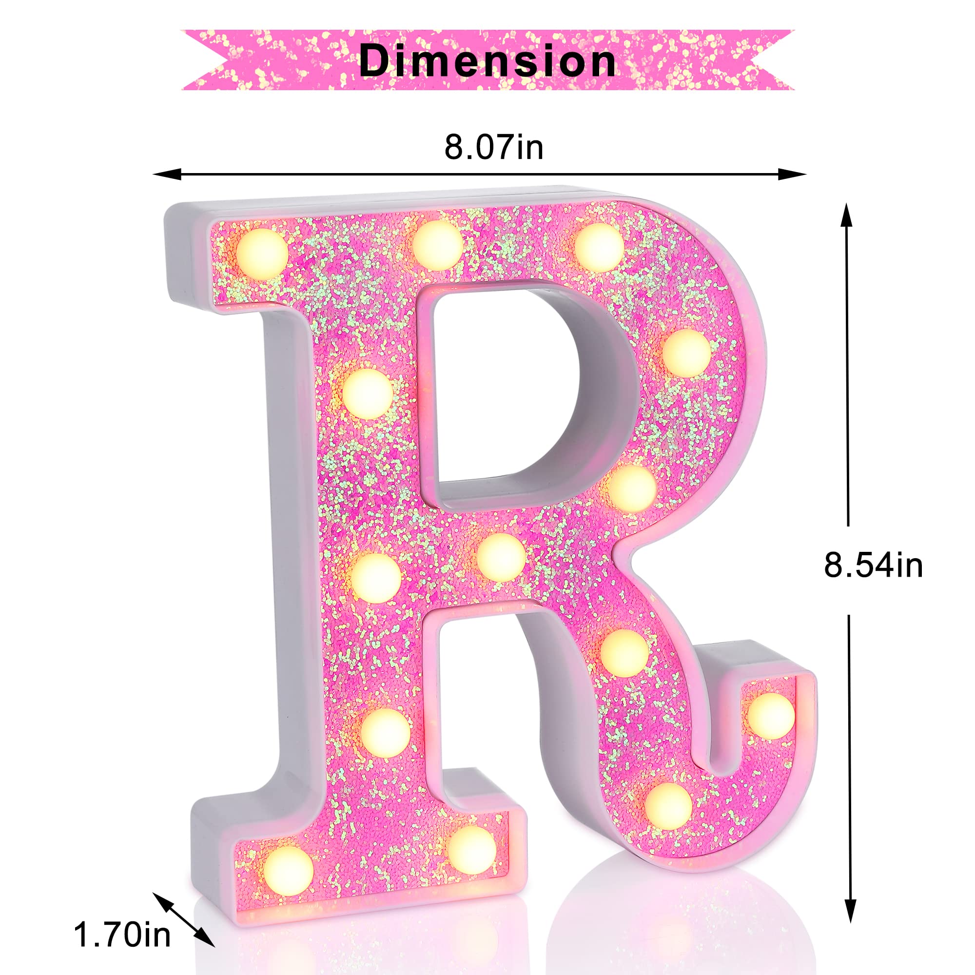 Foaky LED Letter Lights Sign Light Up Pink Letters Glitter Alphabet Letter Sign for Night Light Wedding/Birthday Party Battery Powered Christmas Lamp Girls Gifts Home Bar Decoration（R）