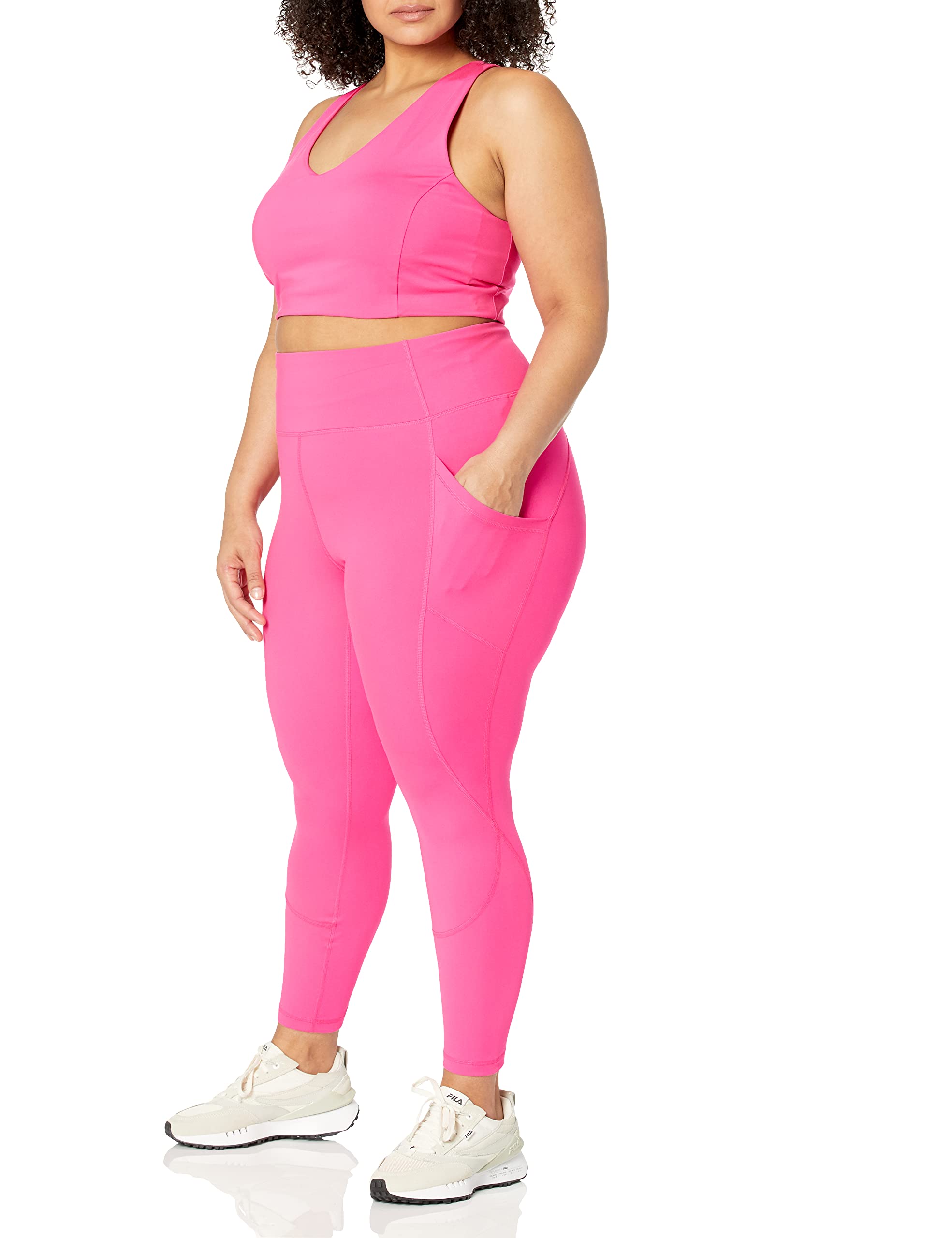 Amazon Essentials Women's Active Sculpt High Rise Full Length Legging with Pockets (Available in Plus Size), Neon Pink, Medium