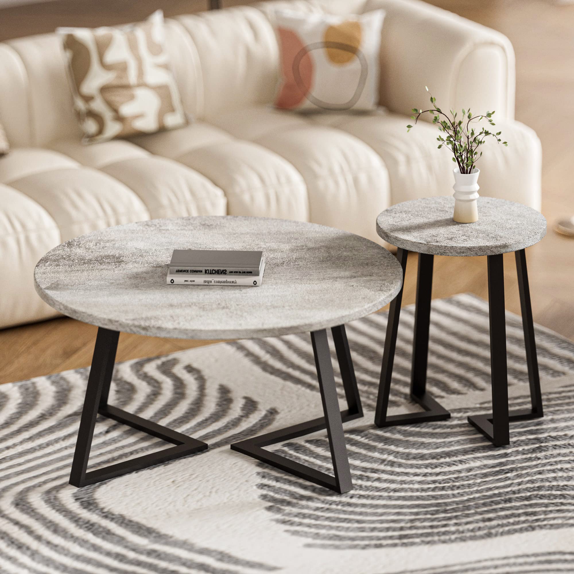 ODIKA Round Mod Concrete Side Table - Small End Table Plant Stand for Living Room Bedroom or Patio