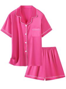 schbbbta satin pajamas for womens, 2 pcs sleepwear short sleeve silk satin pajama outfit for girls, hot pink, us s